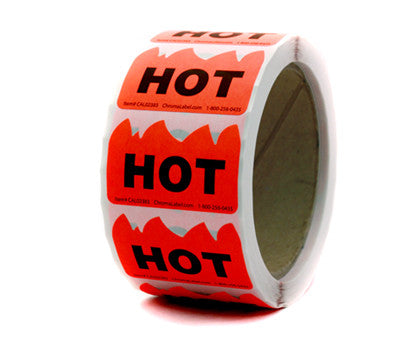 Flame-Shape HOT Handling/ Processing Stickers - 500 Labels per Roll